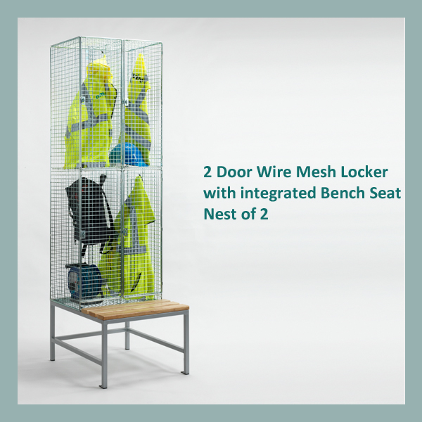 2 Door Wire Mesh Lockers with Integrated Bench Seating